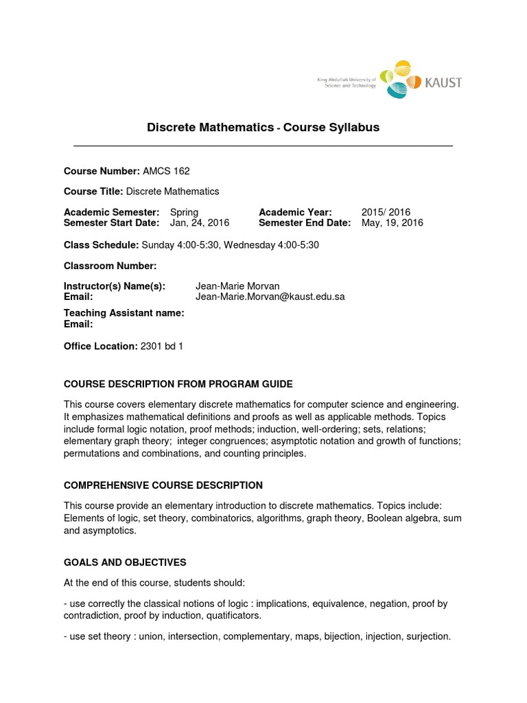 Discrete Mathematics Course Syllabus | PDF | Discrete Mathematics ...