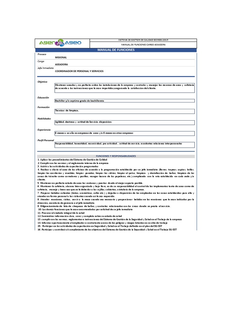 Manual de Funciones Cargo Aseadora | PDF | Sistema de manejo de calidad ...