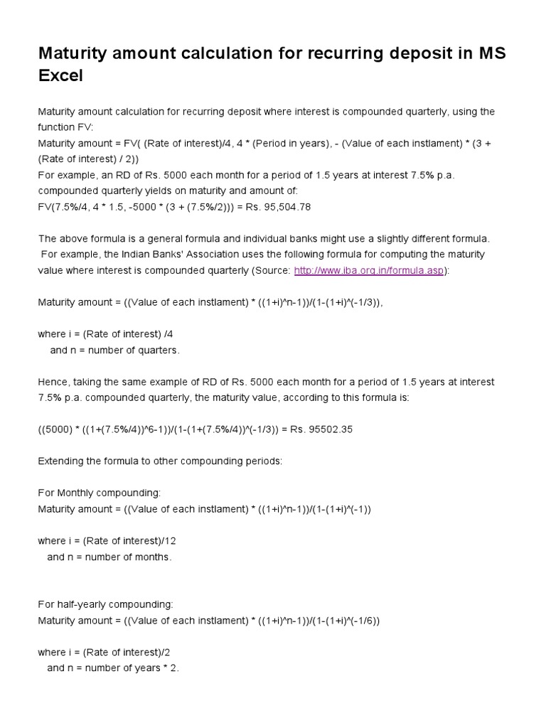 Keshavaprasad B S - Maturity Amount Calculation For Recurring Deposit ...
