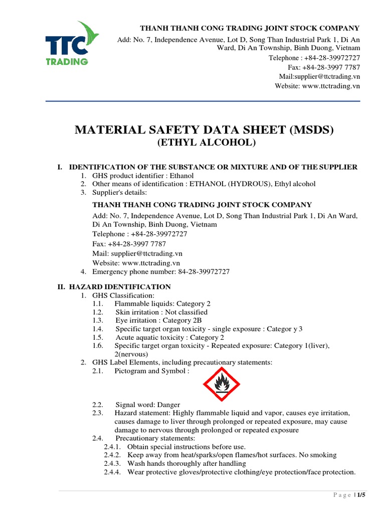 Ethyl Alcohol MSDS and Safety Guidelines | PDF | Firefighting ...