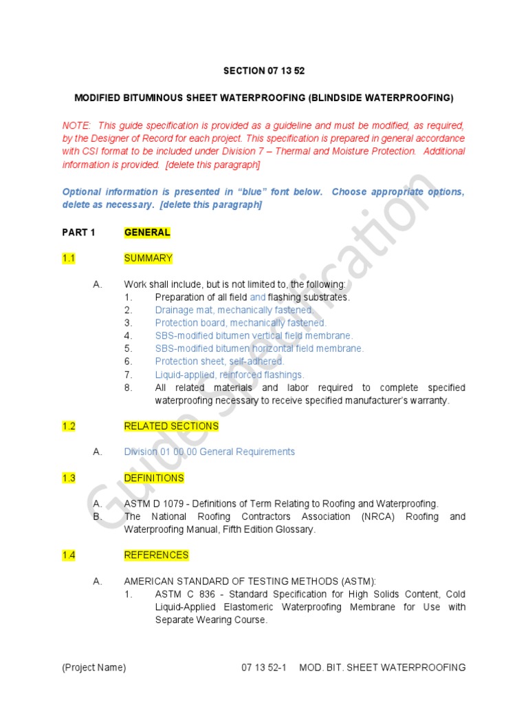 Section 07 13 52 Modified Bituminous Sheet Waterproofing Blindside