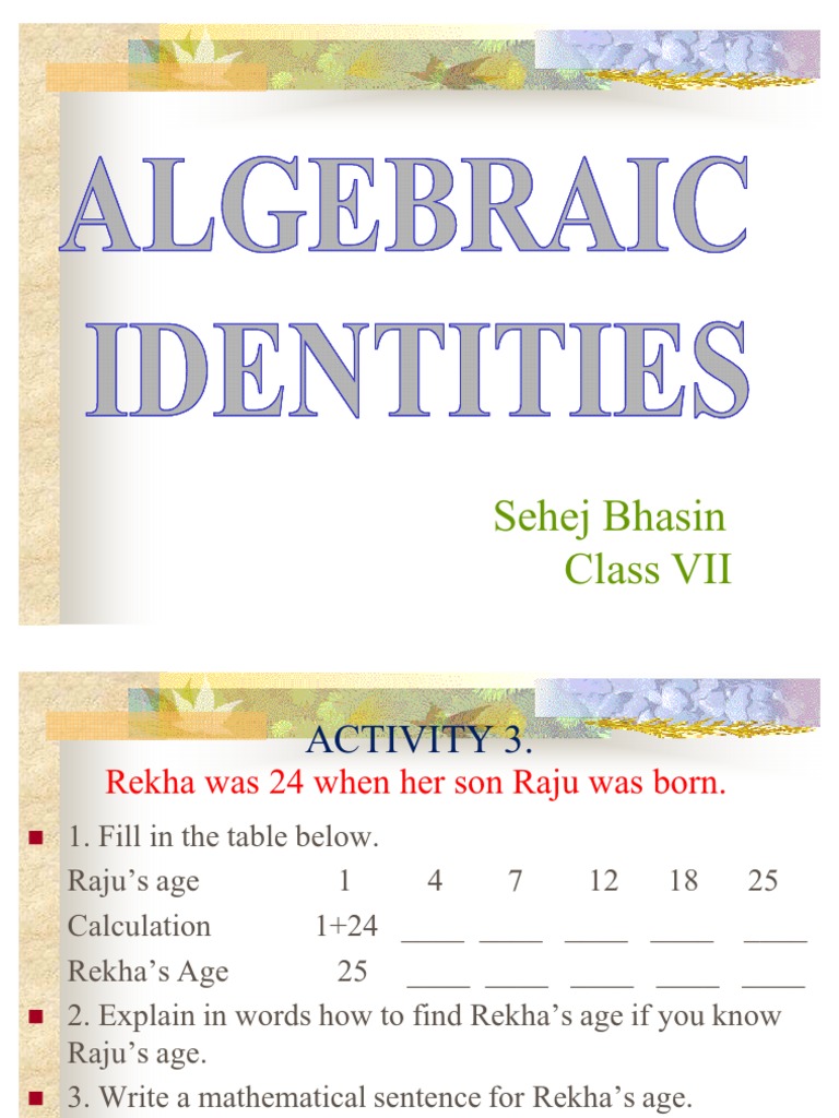 Class 7 Algebraic Identities Guide | PDF | Variable (Mathematics) | Bracket