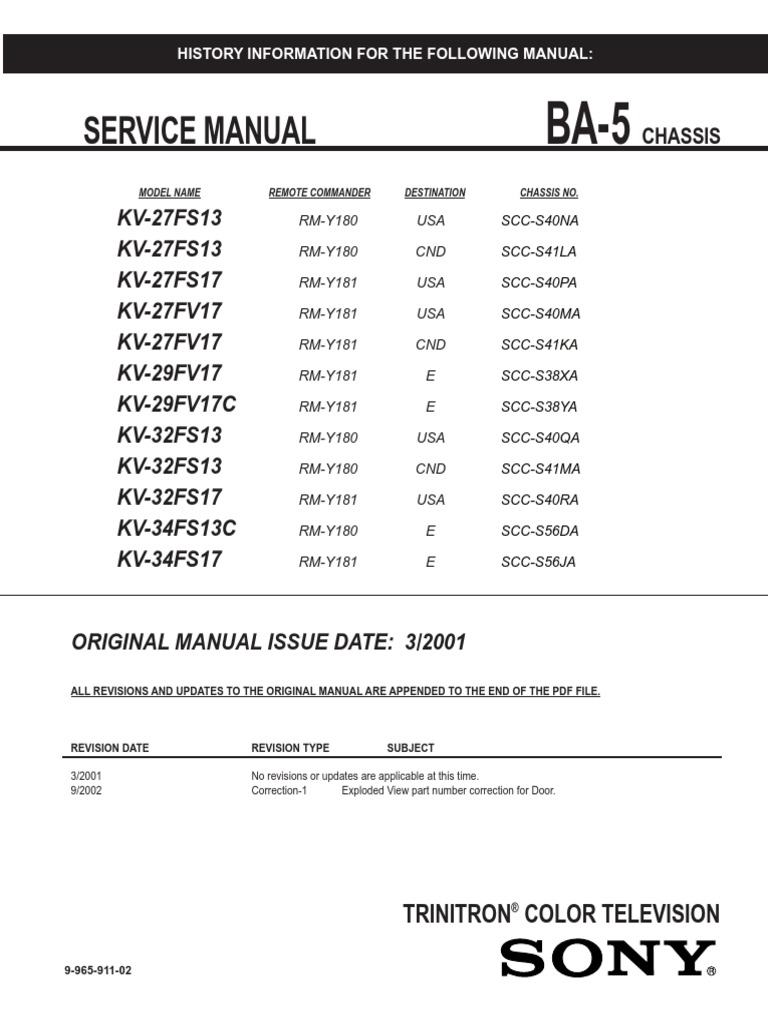 Sony kv-27fs13 27fs17 27fv17 29fv17-c 32fs13 32fs17 34fs13c 34fs17 CH ...