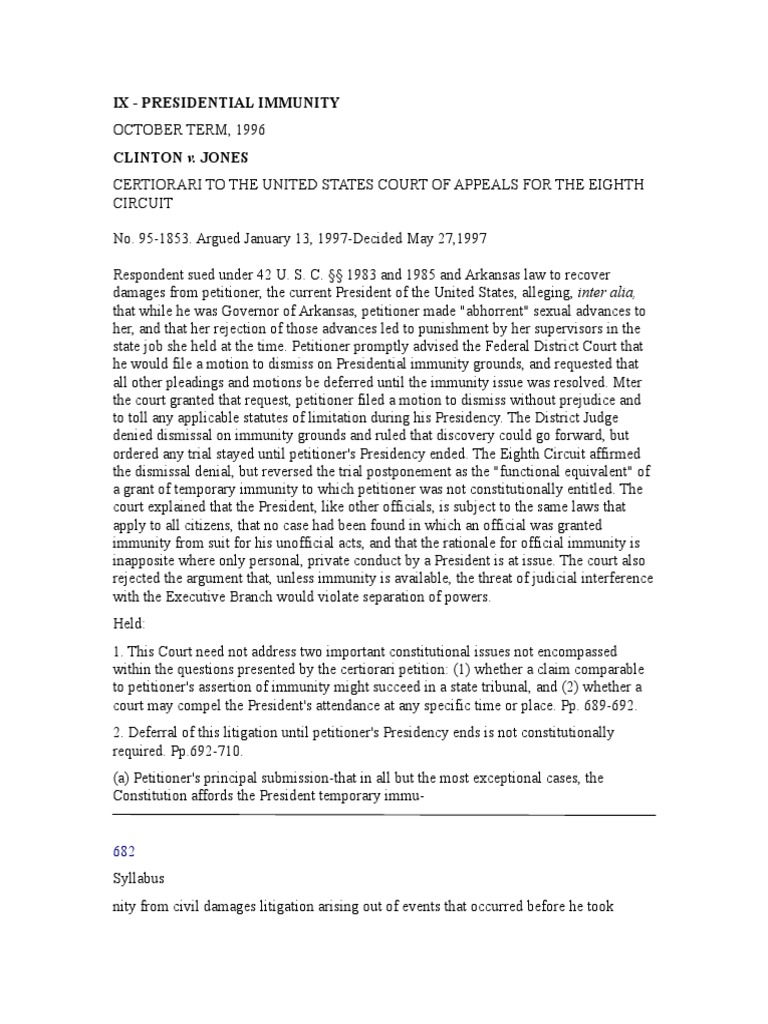 Clinton VS Jones Case - Consti | PDF | Sovereign Immunity | Presidents ...