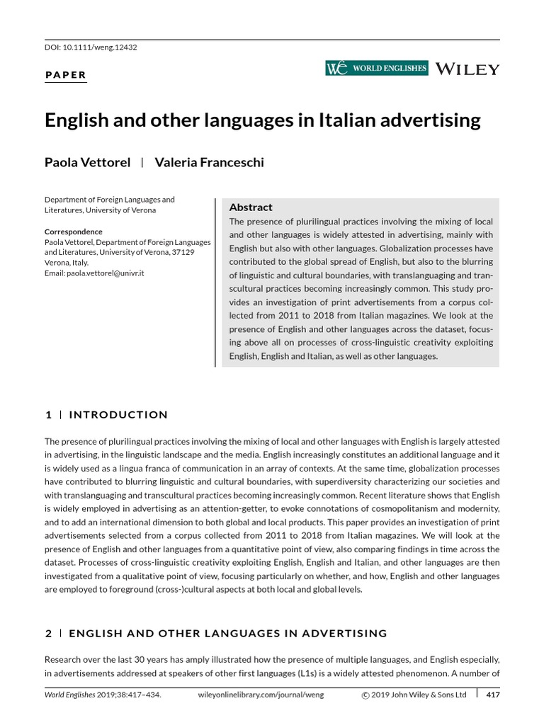 English and Other Languages in Italian Advertising | PDF | Advertising ...