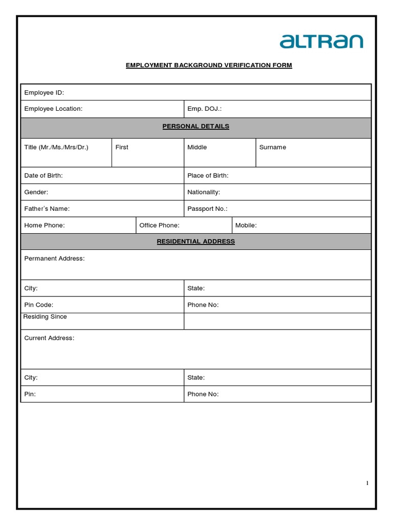 Employment Background Verification Form | PDF | Background Check ...