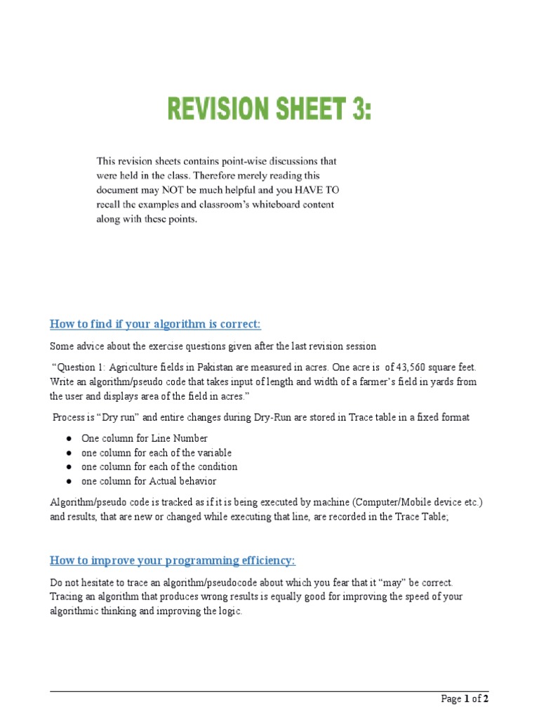Revision Sheet 03 | PDF | Algorithms | Computer Programming Revision Sheet 03 | PDF | Algorithms | Computer Programming
