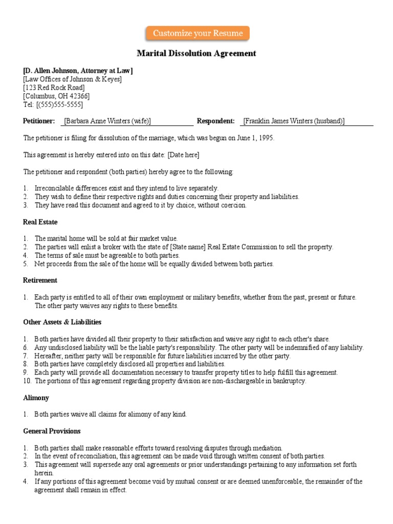 Marital Dissolution Agreement Template | PDF | Copyright | Property