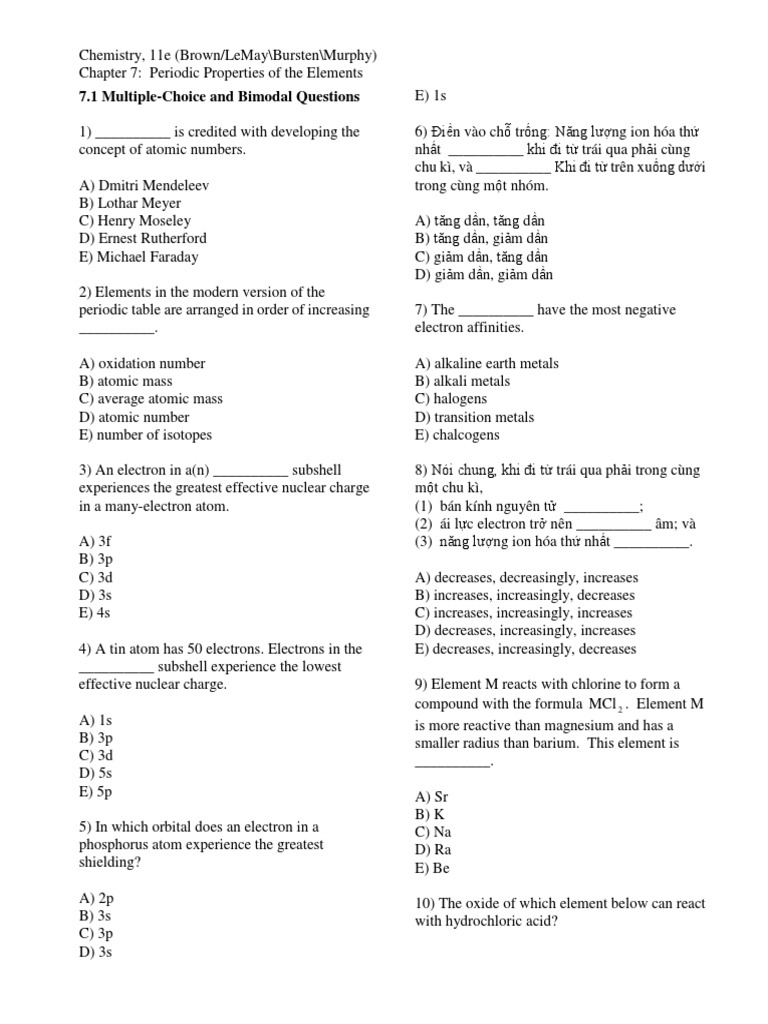 7.1 Multiple-Choice and Bimodal Questions | PDF | Ion | Chemical Elements