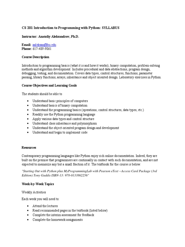 CS 201 Introduction To Programming With Python:: Aaleksan@bu - Edu | PDF | Control Flow | Object ...
