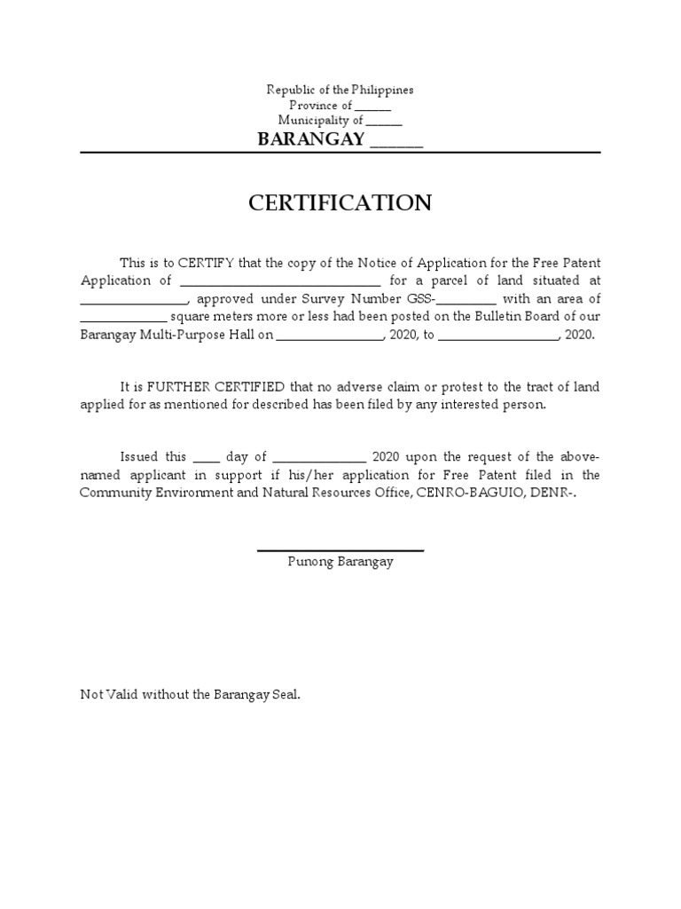 Barangay Certification of Land Ownership | PDF