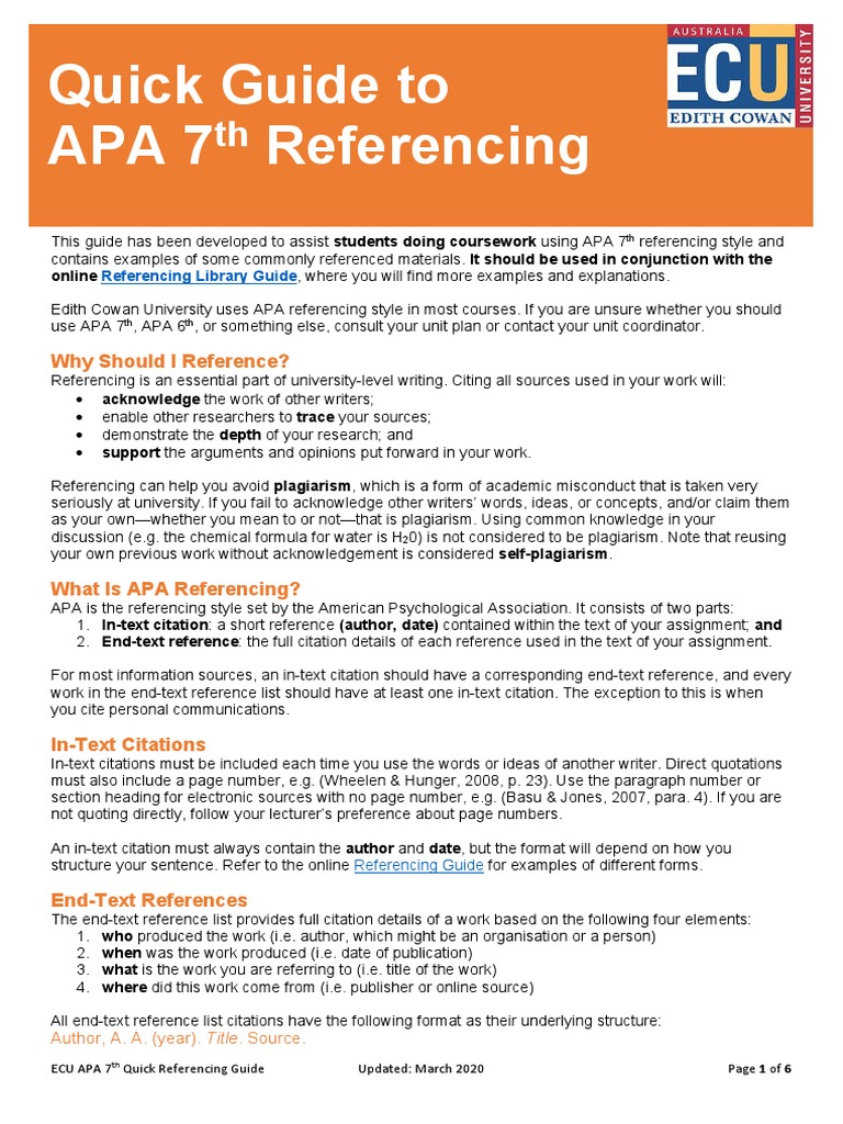 Quick Guide To Apa 7 Referencing: Why Should I Reference? | PDF ...