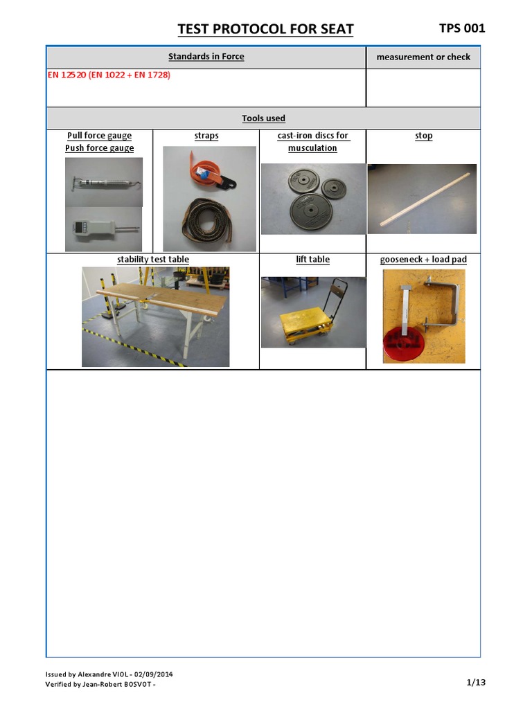 Test Protocol For Seat: Pull Force Gauge Push Force Gauge Straps Cast ...
