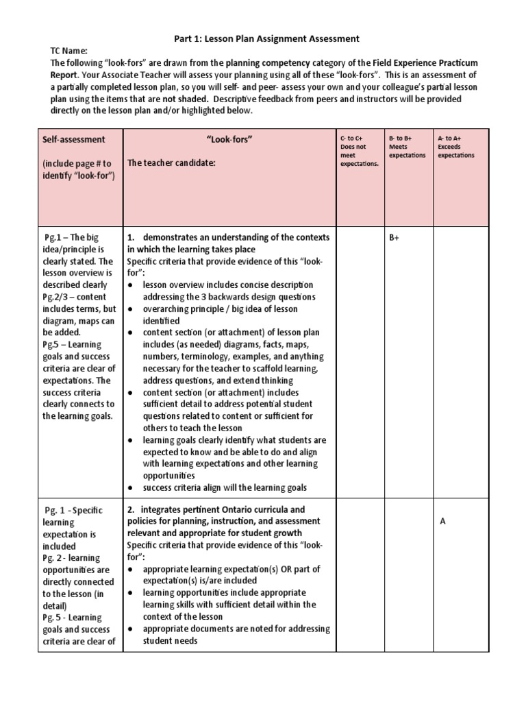 Part 1 Partial Lesson Plan Assignment Assessment | PDF | Lesson Plan ...
