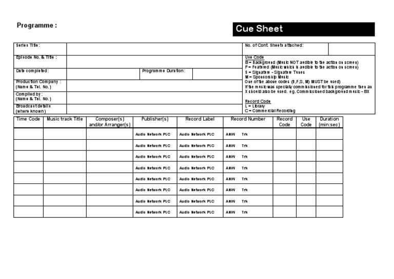 Music Cue Sheet | Download Free PDF | Mass Media | Entertainment (General)