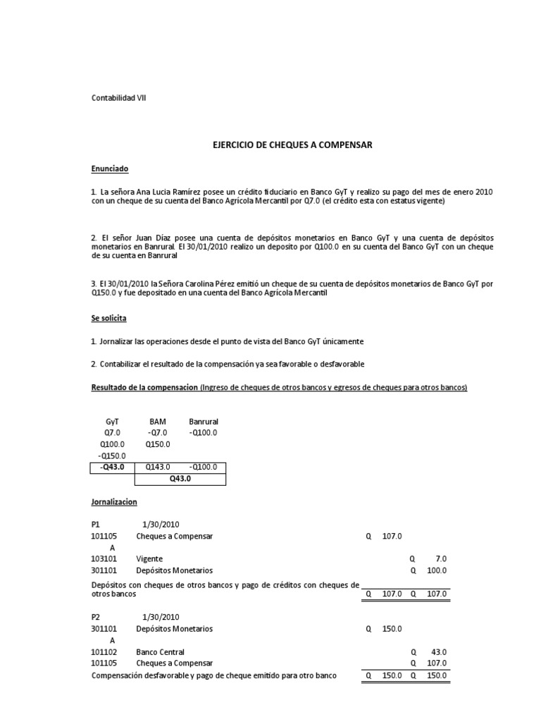 Ejercicio de Cheques A Compensar | PDF