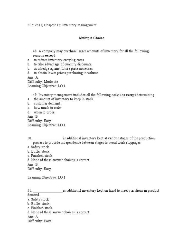 Inventory Management Multiple Choice Questions | PDF | Inventory ...
