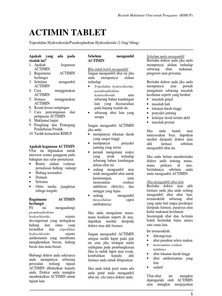 Actimin Tablet 2.5mg, 60mg (Triprolidine, Pseudoephedrine) Duopharma (M ...