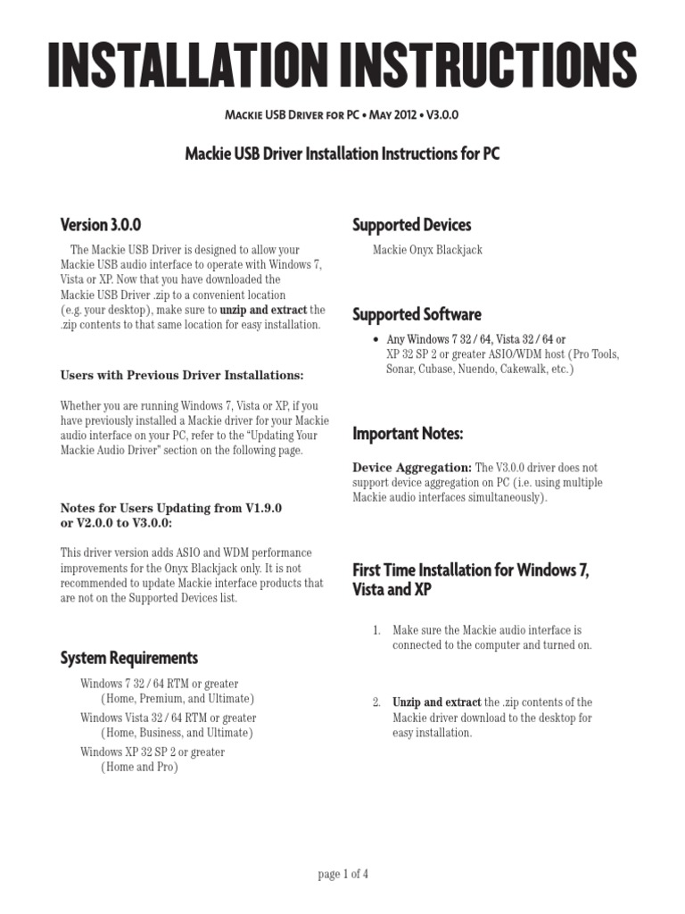 Mackie USB Driver Installation Instructions | PDF | Installation (Computer Programs) | Windows Vista