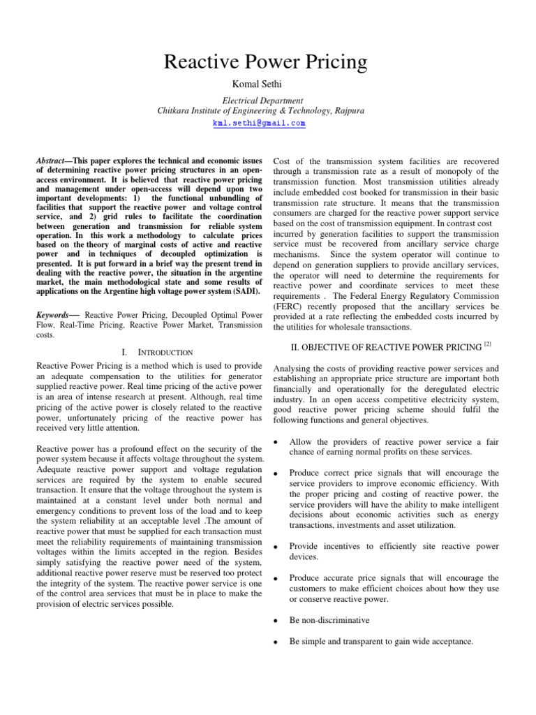 Reactive Power Pricing: Komal Sethi | PDF | Electric Power Transmission | Ac Power