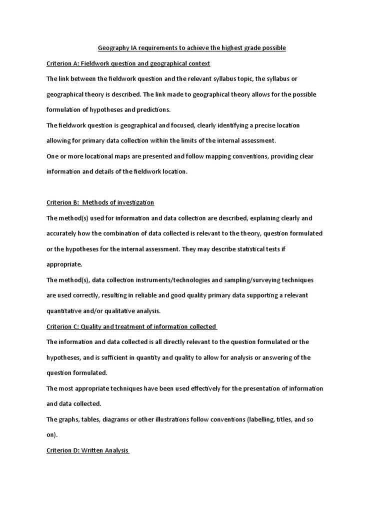 Geography IA Requirements To Achieve The Highest Grade Possible | PDF ...