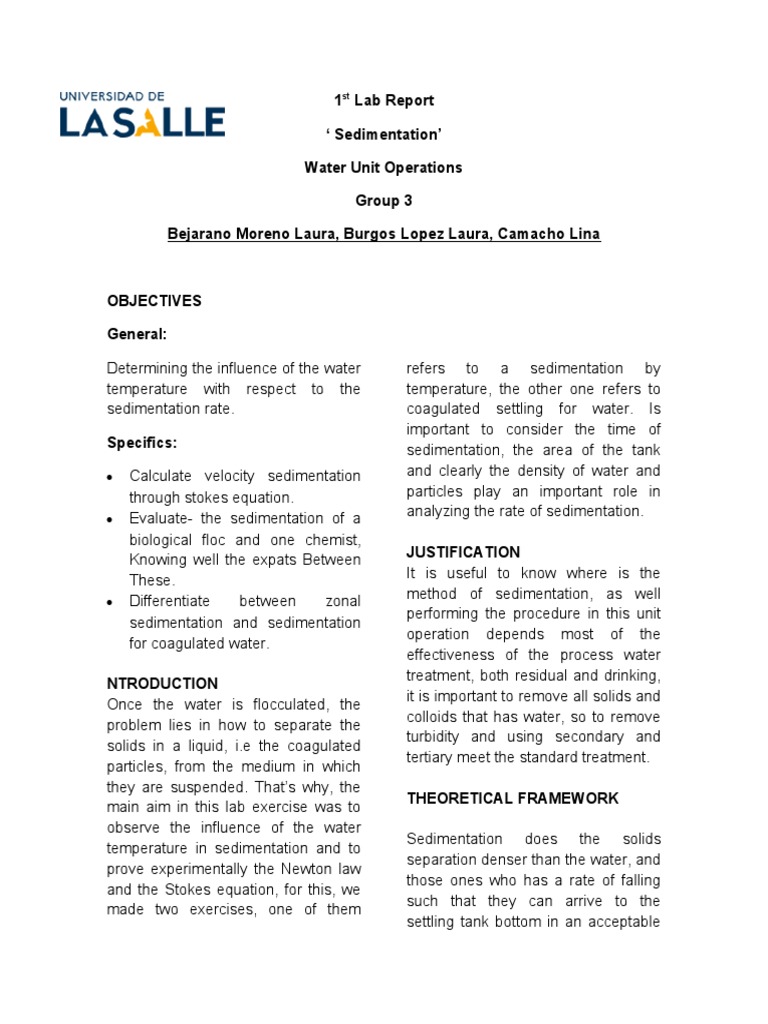 1 Lab Report Sedimentation' Water Unit Operations Group 3 Bejarano Moreno Laura, Burgos Lopez ...