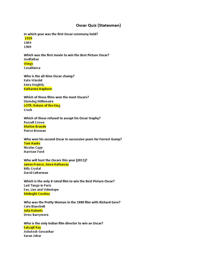 Oscar Questions | PDF