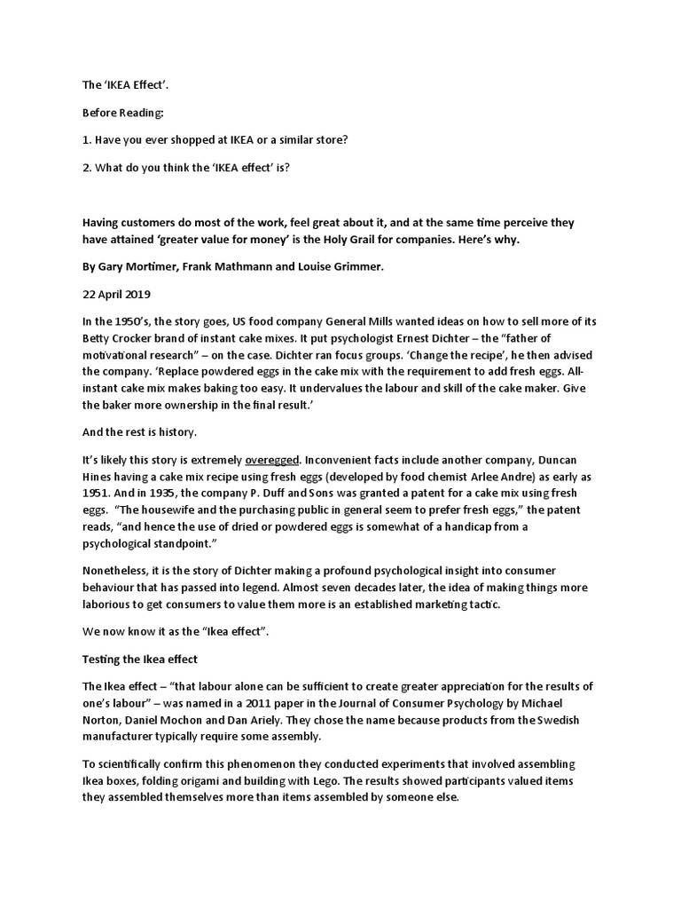 The Ikea Effect Reading And Speaking Pdf Psychology Psychological