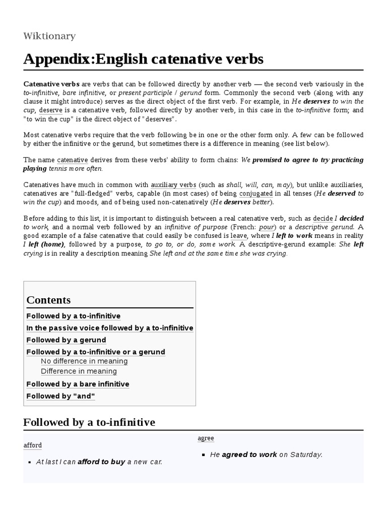 Appendix:English Catenative Verbs: Playing Tennis More Often | PDF | Verb | Syntactic Relationships