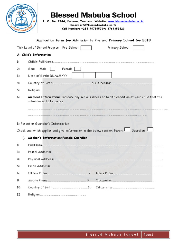 Blessed Mabuba School: Application Form For Admission To Pre and ...