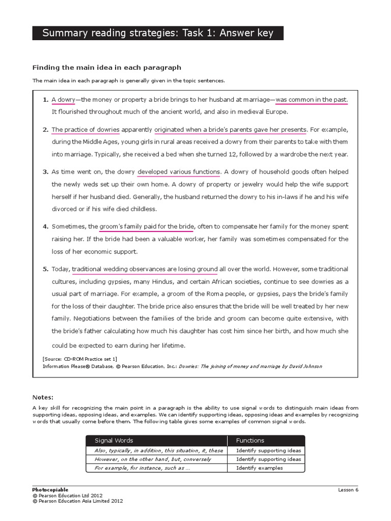Summary Reading Strategies-Task 1 Answer Key | PDF | Family | Wife