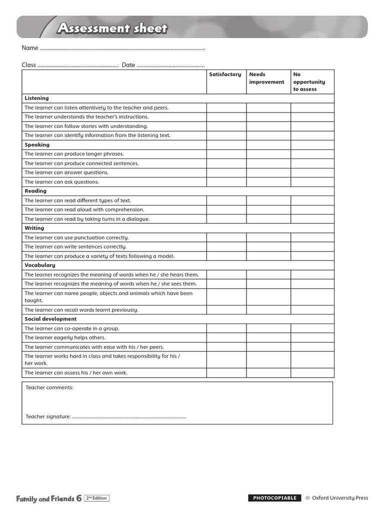 Family and Friends 2nd Edition 6 Tests Assesment Sheet | PDF