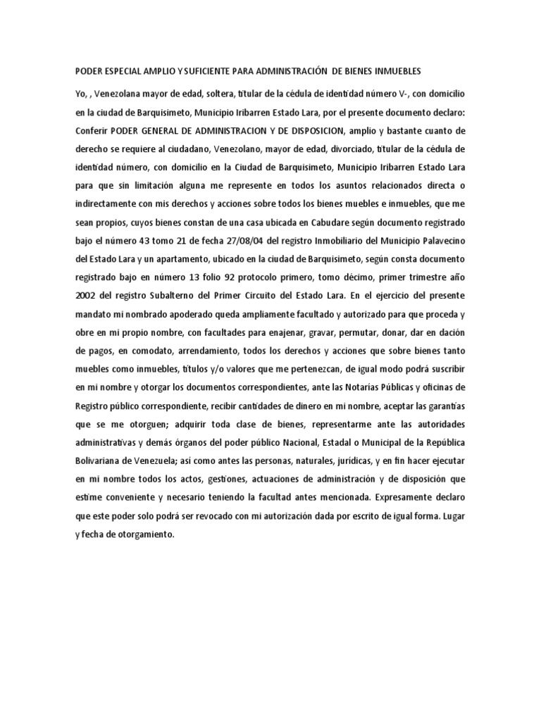 Poder Especial Amplio y Suficiente para Administración de Bienes ...
