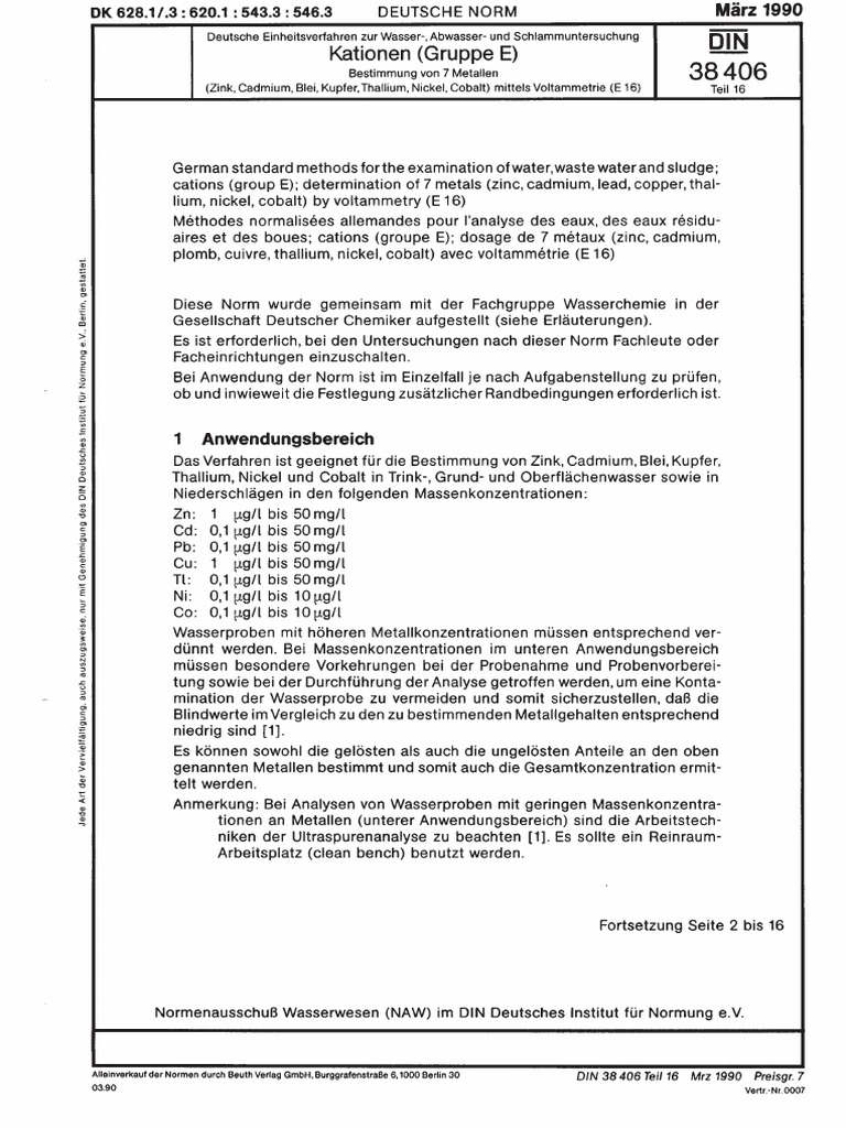 (DIN 38406-16 - 1990-03) - Deutsche Einheitsverfahren Zur Wasser-, Abwasser - Und ...