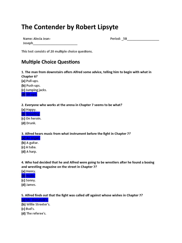 The Contender by Robert Lipsyte: Multiple Choice Questions | PDF | Sports