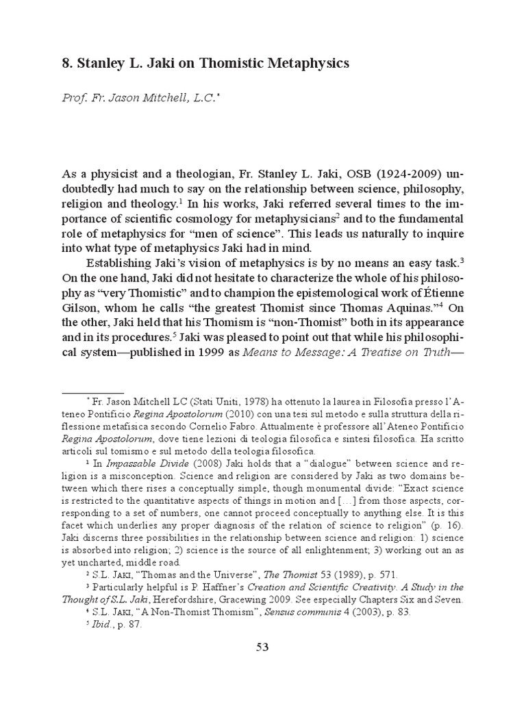 Stanley L Jaki On Thomistic Metaphysics | PDF | Thomism | Metaphysics