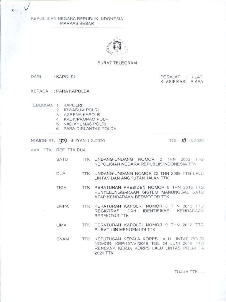 Surat Telegram Kapolri Nomor ST 909 III Yan 1 2 2020 Tahun 2020-1 | PDF