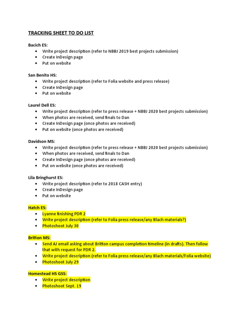 Tracking Sheet To Do List: Bacich ES | PDF | Travel
