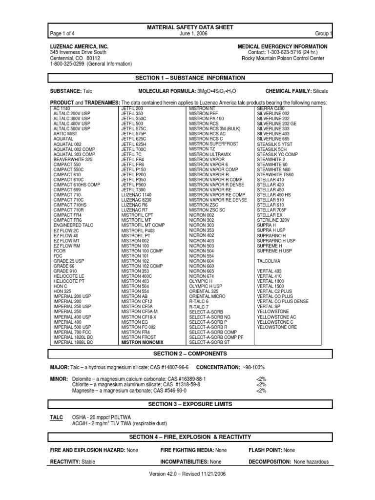 Material Safety Data Sheet: Mistron Monomix | PDF | Resource ...