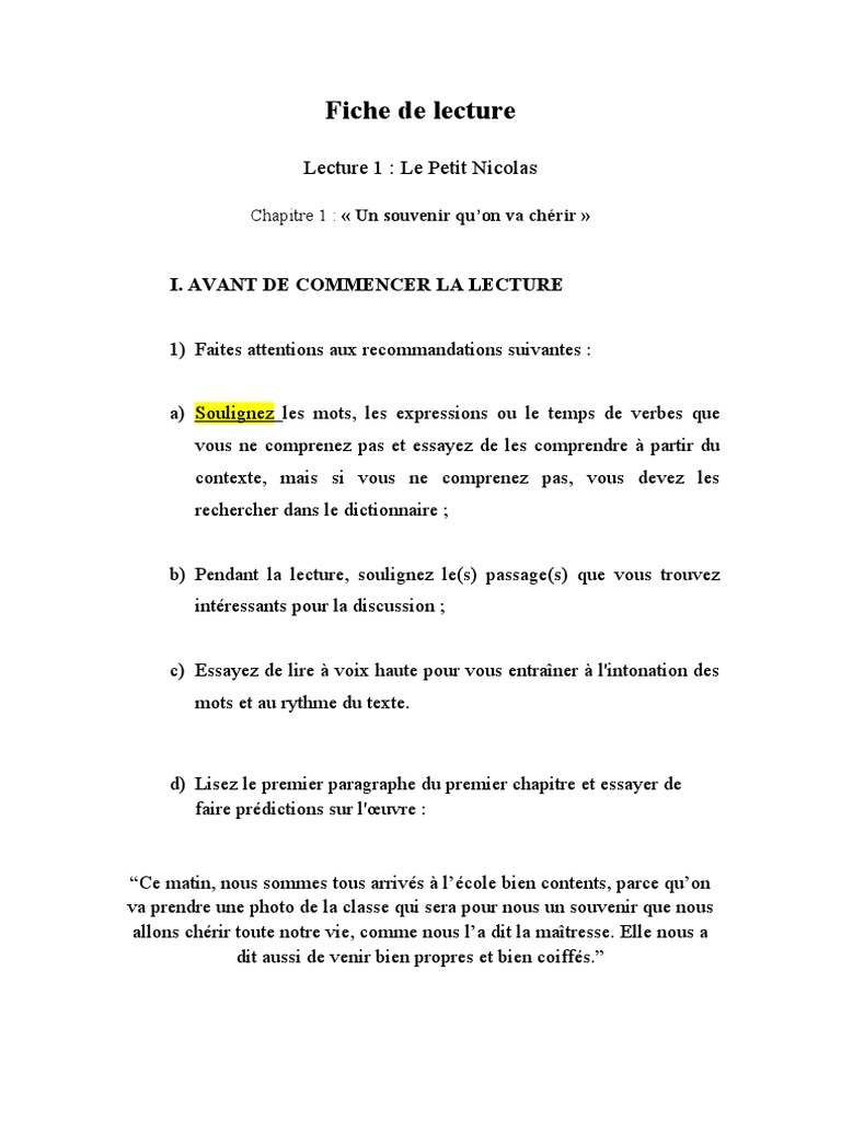 Fiche de lecture : Le Petit Nicolas | PDF | Livres | Langues