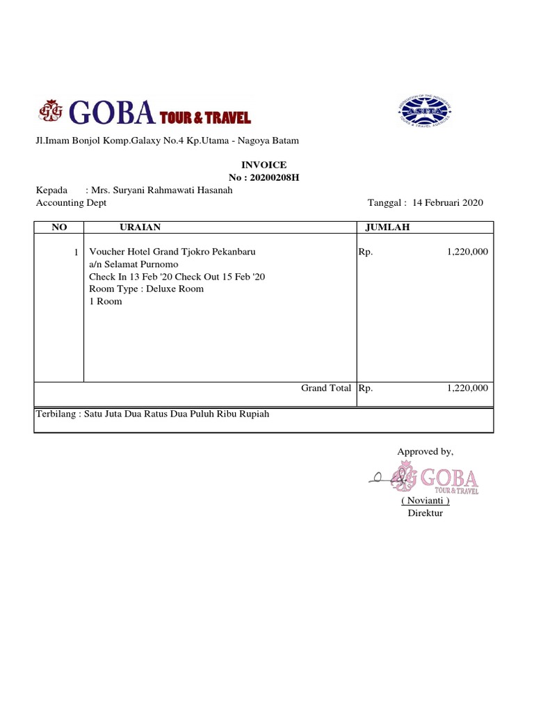 Invoice Hotel A.N Selamat Purnomo | PDF