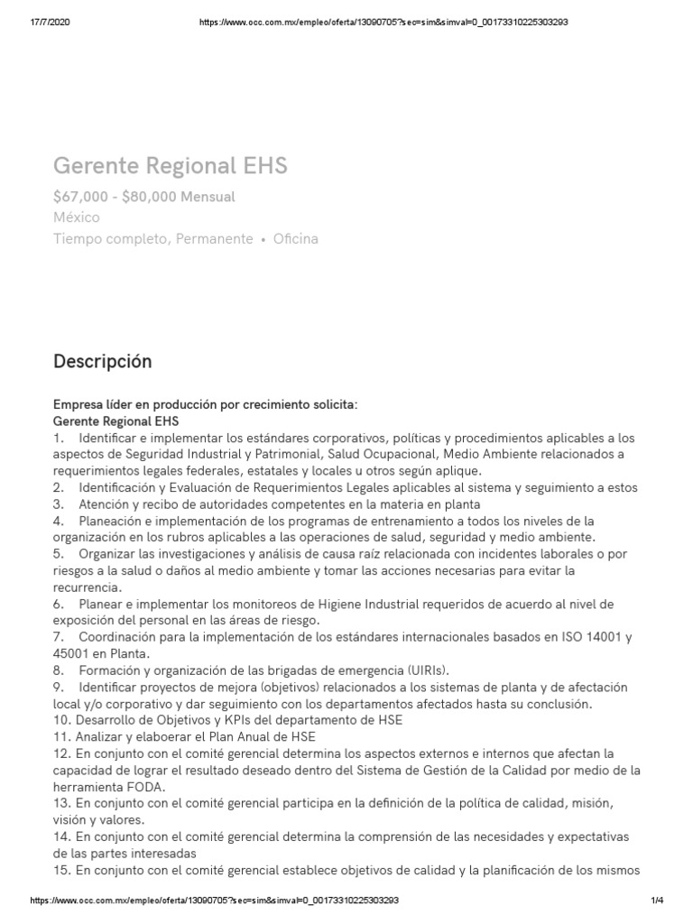 Perfil Gerente de Ehs | PDF | Seguridad y salud ocupacional | Planificación