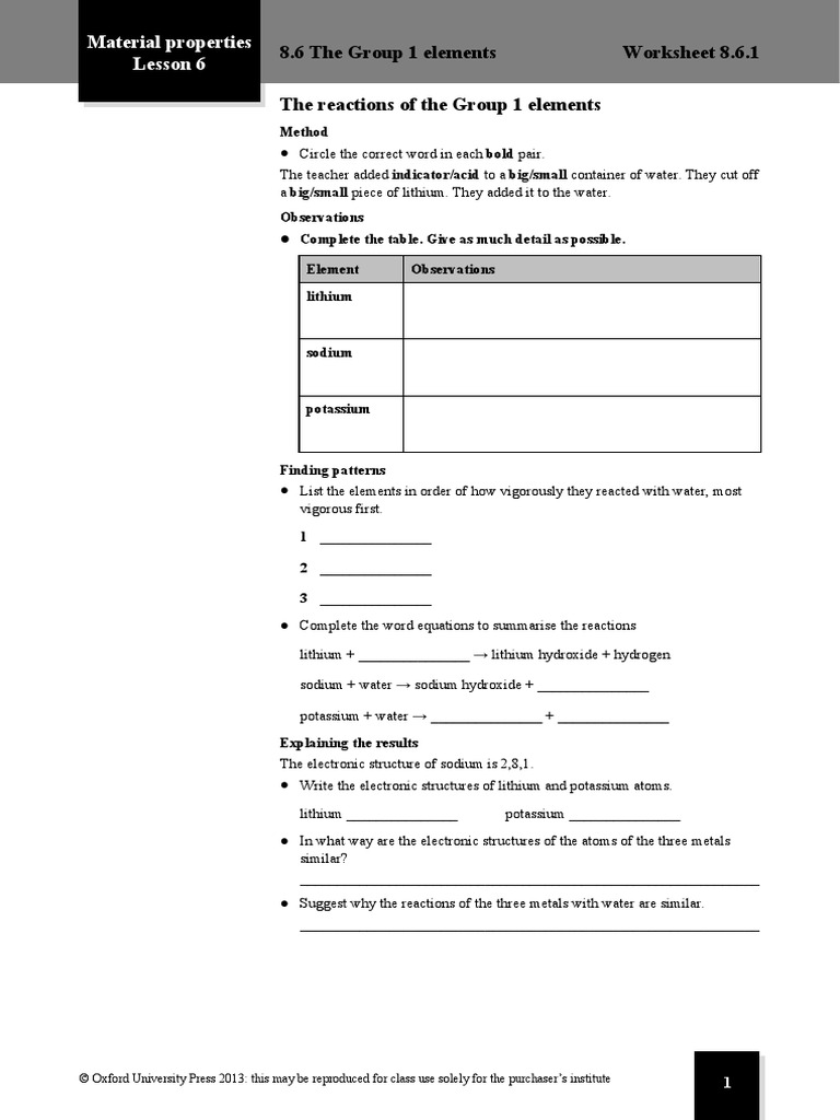 Material Properties Lesson 6: 8.6 The Group 1 Elements Worksheet 8.6.1 ...