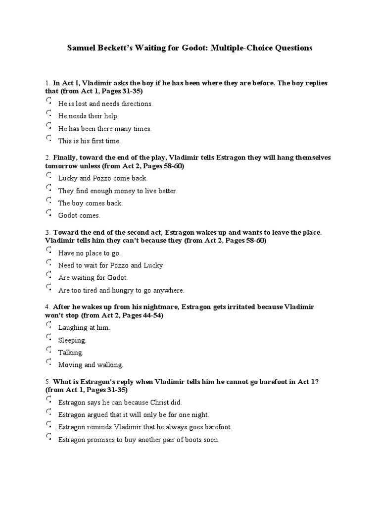 Samuel Beckett's Waiting For Godot: Multiple-Choice Questions | PDF