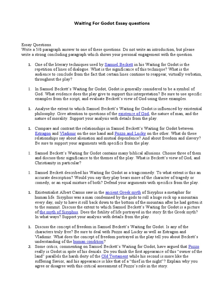 Waiting For Godot Essay Questions | PDF | Science | Philosophical Science