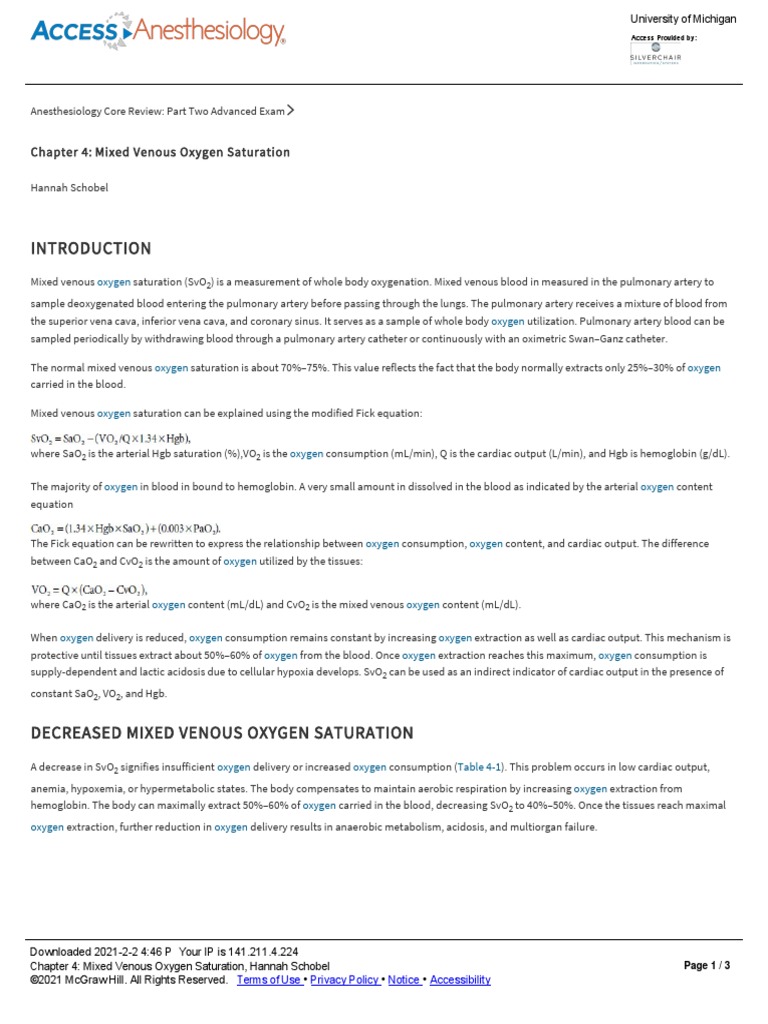 Chapter 4 - Mixed Venous Oxygen Saturation | PDF | Shock (Circulatory ...