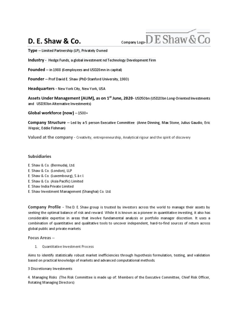 D. E. Shaw & Co.: Type - Industry - Founded - Founder - Headquarters - Assets Under Management ...