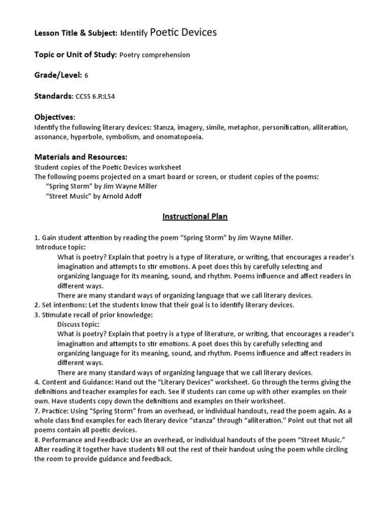Identifying Poetic Devices for Grade 6 | PDF | Poetry | General Fiction
