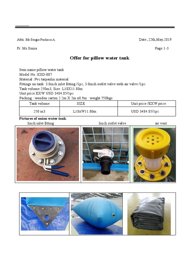 Quotation For Pillow Water Tank | PDF