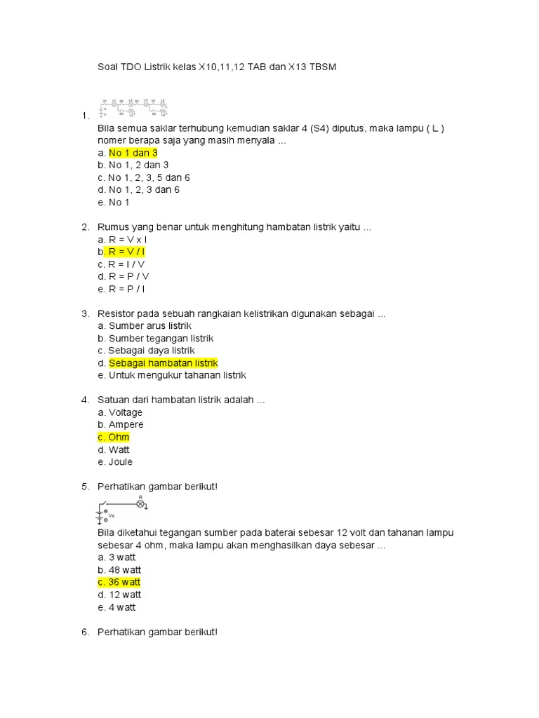 Soal TDO Listrik Kelas X 10,11,12 TAB Dan X13 TBSM Genap 2020 | PDF